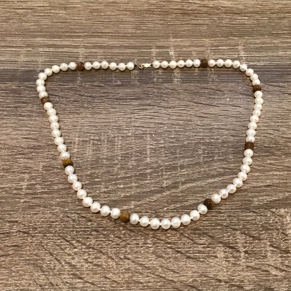 Jewelry | 14k Yellow Gold Clasp Genuine Pearl Tigers Eye Beaded ...